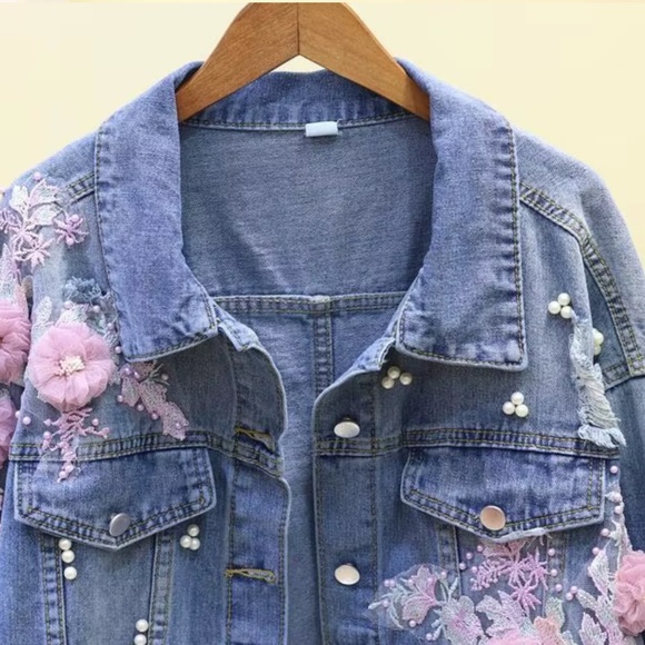 Jackets & Coats | Medium Wash Distressed Floral Applique Faux Pearl ...
